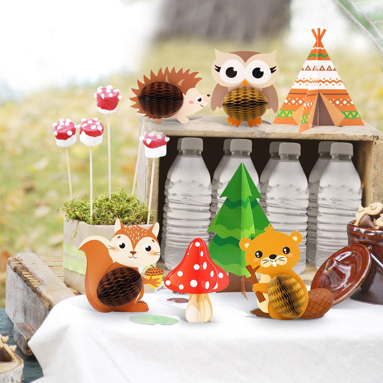 Distaratie 16PCS Woodland Animals Honeycomb Centerpieces Forest Friends 3D Table Toppers for Woodland Baby Shower Birthday Decorations Wild One Camping Party Supplies