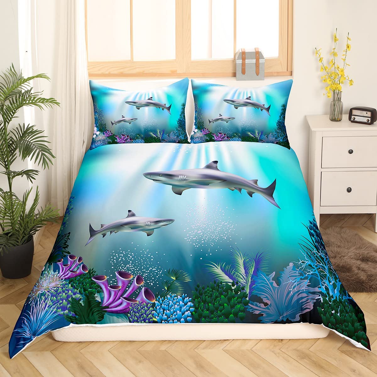 Feelyou Kids Shark Bedding Set Queen 3D Ocean Animal Duvet Cover for Girls Boys, 3 Pcs Coral Seeweed Bedding Underwater World Children Bedspread Sea Sharks Printed on Blue Bedclothes