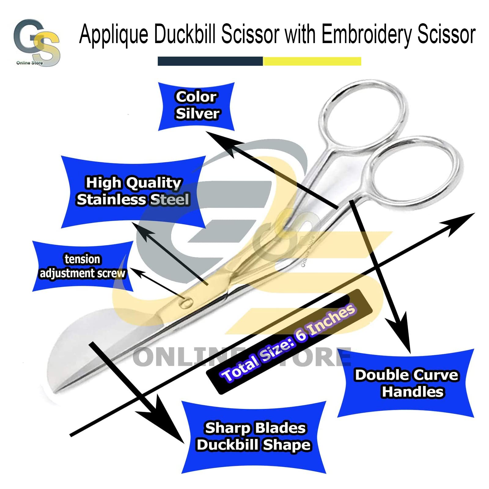 6 inch Stainless Steel Applique Duckbill Scissors Blade with Offset Handle & 6 inch Machine Embroidery Double Curved Scissors Bundle by G.S Online Store