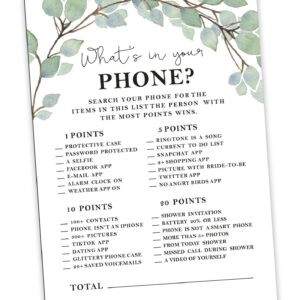 Inkdotpot 50-Pack Greenery Whats on Your Phone Bridal Shower Game Wedding Shower Bachelorette Party Bulk Activity Game Cards