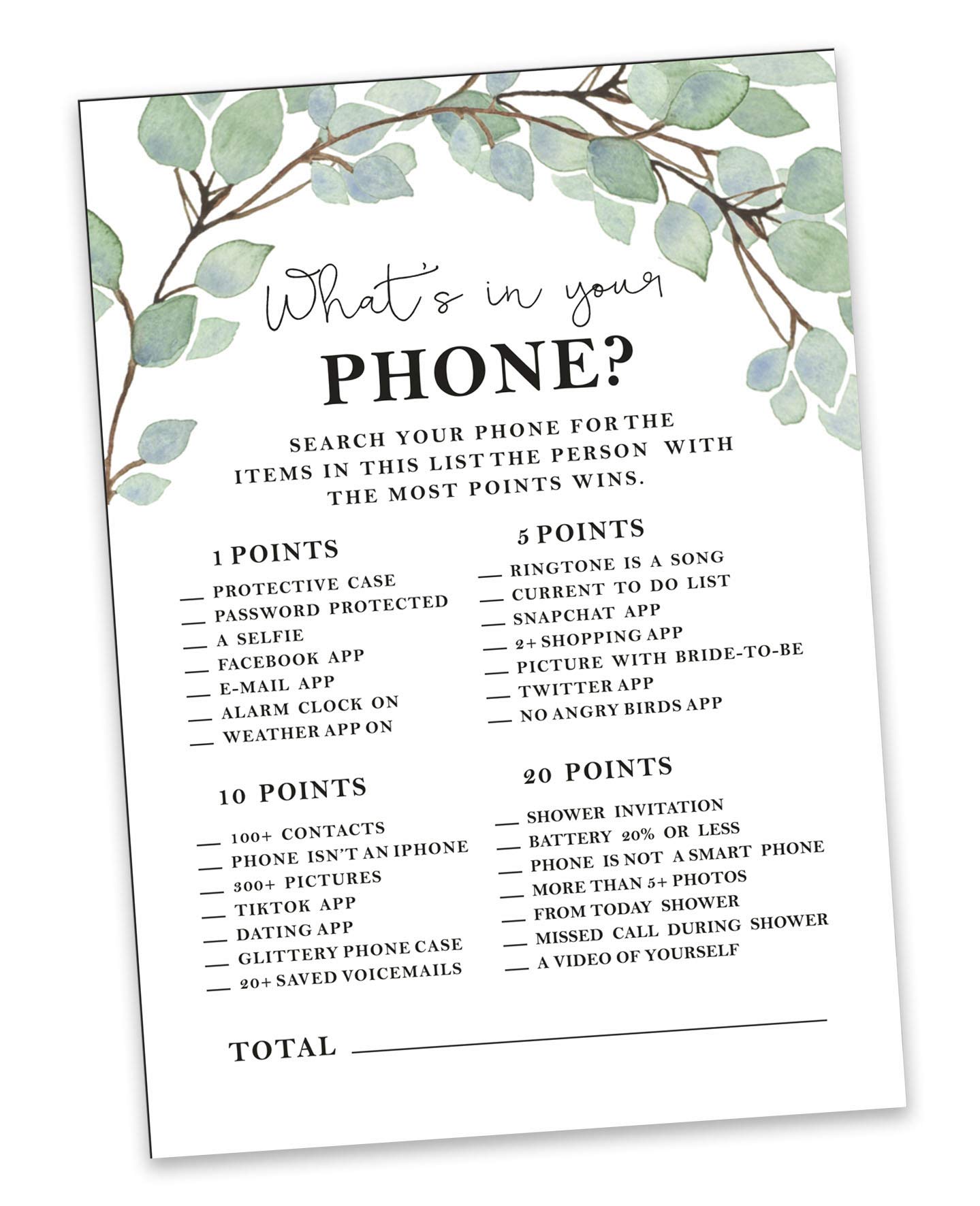 Inkdotpot 50-Pack Greenery Whats on Your Phone Bridal Shower Game Wedding Shower Bachelorette Party Bulk Activity Game Cards