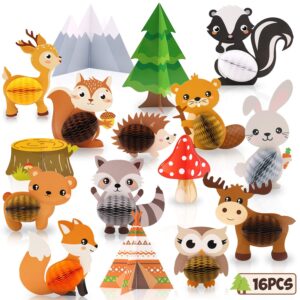 distaratie 16pcs woodland animals honeycomb centerpieces forest friends 3d table toppers for woodland baby shower birthday decorations wild one camping party supplies