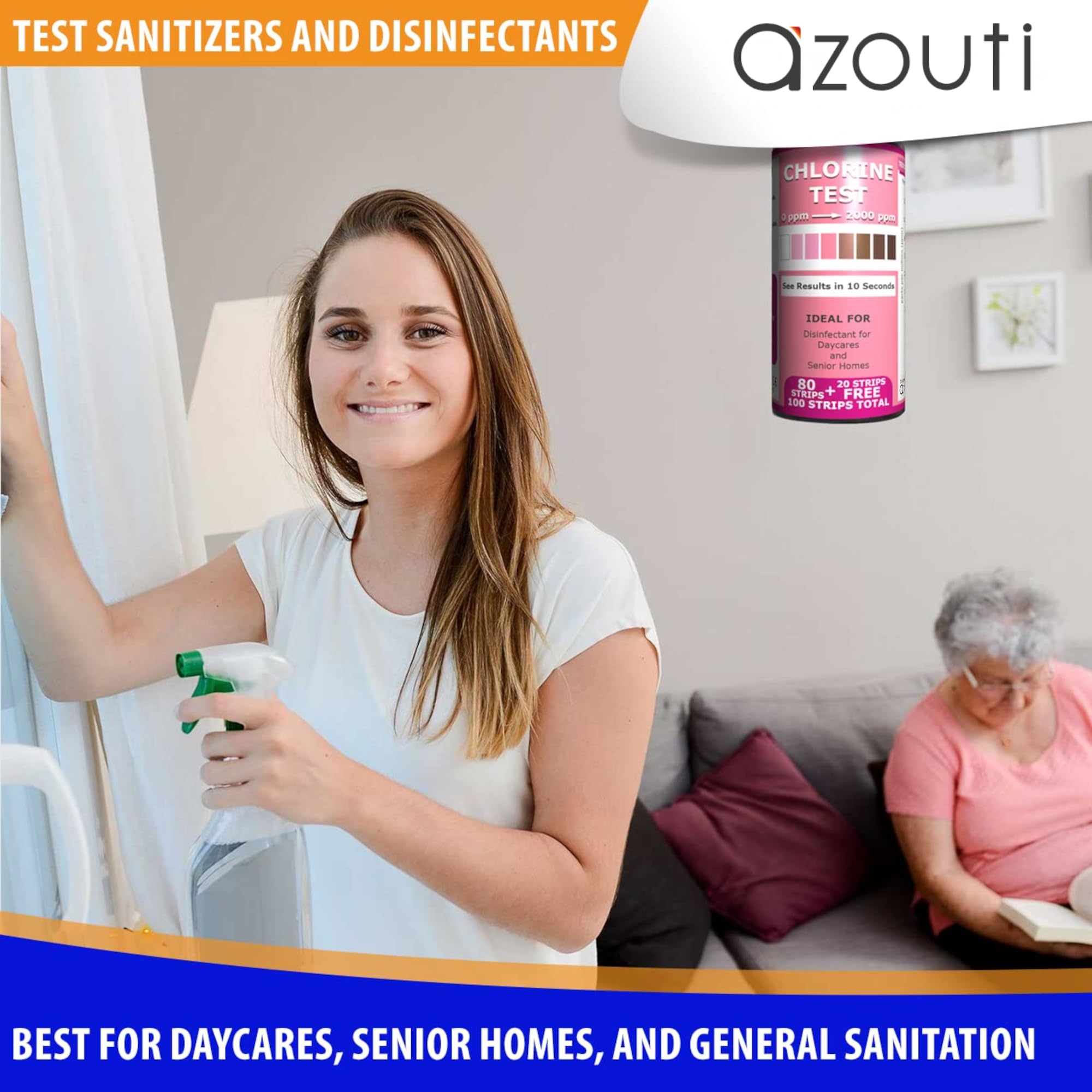 Industrial Active Chlorine Bleach Test Strips. 0-2000 Ppm Range for Sanitizer Disinfectants and Sanitizing Solutions for Daycares and Senior Homes.