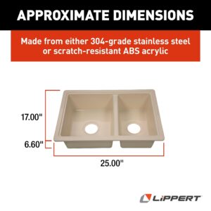 Lippert RV Double Kitchen Galley Sink - 25" x 17" x 6.6" Parchment ABS Plastic for 5th Wheel, Travel Trailer, Camper