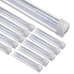 henwsi 8ft led shop light fixture, white 10 pack t8 integrated tube lights, 72w 9500lm 6500k high output clear cover, v shape 270 degree lighting for garage warehouse, upgraded lights plug and play