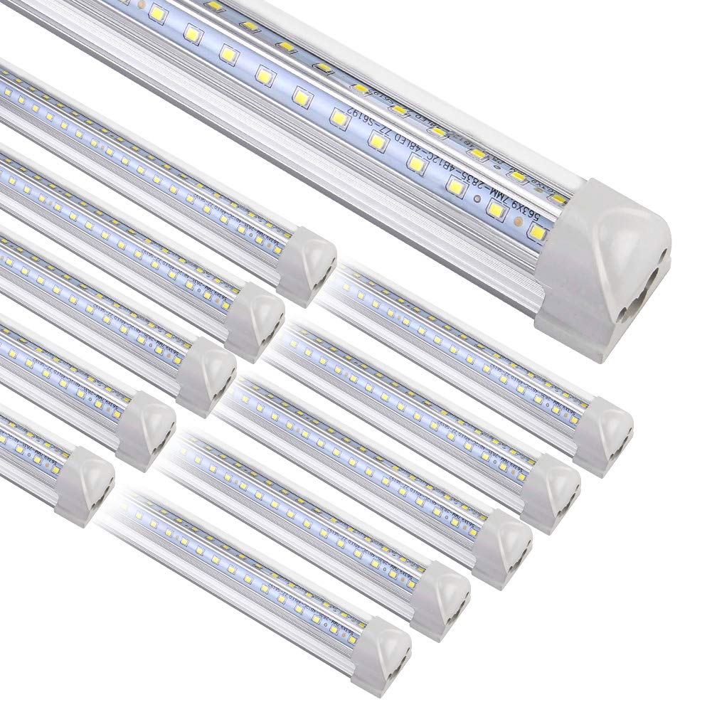 Henwsi 8FT LED Shop Light Fixture, White 10 Pack T8 Integrated Tube Lights, 72W 9500LM 6500K High Output Clear Cover, V Shape 270 Degree Lighting for Garage Warehouse, Upgraded Lights Plug and Play