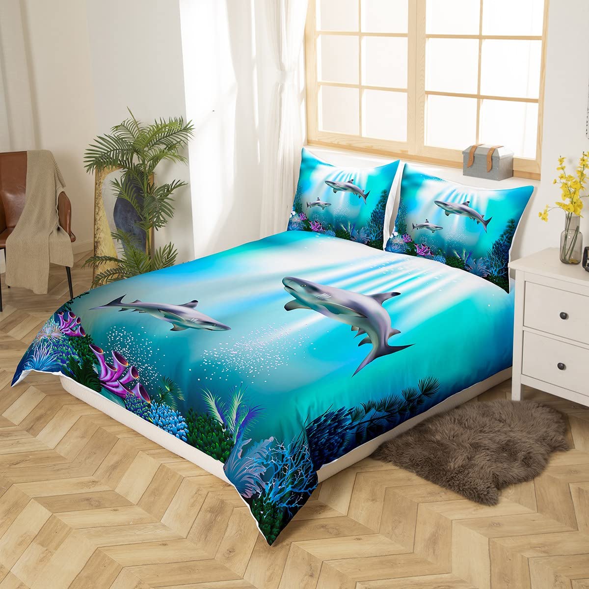 Feelyou Kids Shark Bedding Set Queen 3D Ocean Animal Duvet Cover for Girls Boys, 3 Pcs Coral Seeweed Bedding Underwater World Children Bedspread Sea Sharks Printed on Blue Bedclothes