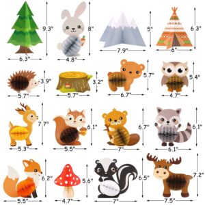 Distaratie 16PCS Woodland Animals Honeycomb Centerpieces Forest Friends 3D Table Toppers for Woodland Baby Shower Birthday Decorations Wild One Camping Party Supplies