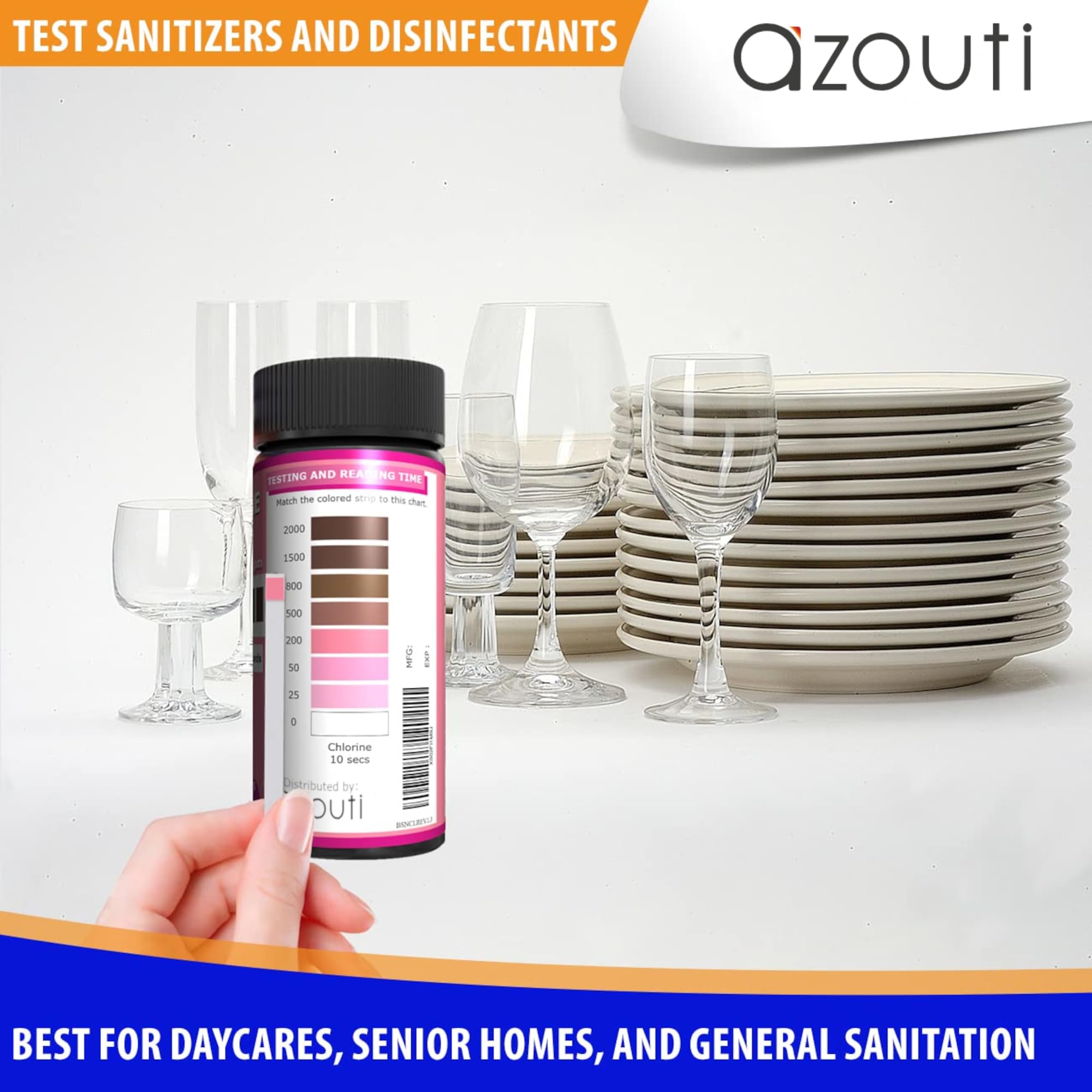 Industrial Active Chlorine Bleach Test Strips. 0-2000 Ppm Range for Sanitizer Disinfectants and Sanitizing Solutions for Daycares and Senior Homes.