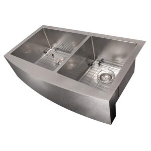 zline 36" courchevel farmhouse apron mount double bowl scratch resistant stainless steel kitchen sink with bottom grid (sa60d-36s)