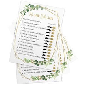 Printed Party Bridal Shower Games – He Said She Said Game with Fun Bride and Groom Trivia, Wedding Shower Activity, Botanical Greenery Theme, 50 Guests