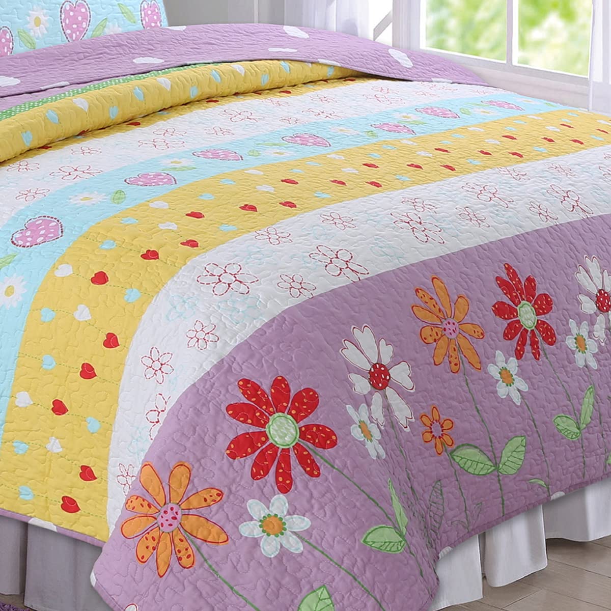 Cozy Line Home Fashions Floral Heart Print Reversible Girl Bedding Quilt Set, Bedspread, Coverlet (Flower Garden, Queen - 3 Piece)