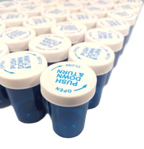 blue vials 8,13,16,20,30,40 & 60 dram sizes - child resistant prescription bottles (20 dram/100 units)