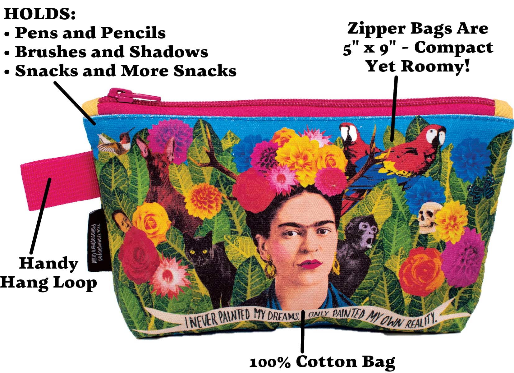 The Unemployed Philosophers Guild Frida Kahlo Bag - 9" Canvas Art Themed Zipper Pouch for Pencils, Tools, Cosmetics, Toiletries and More