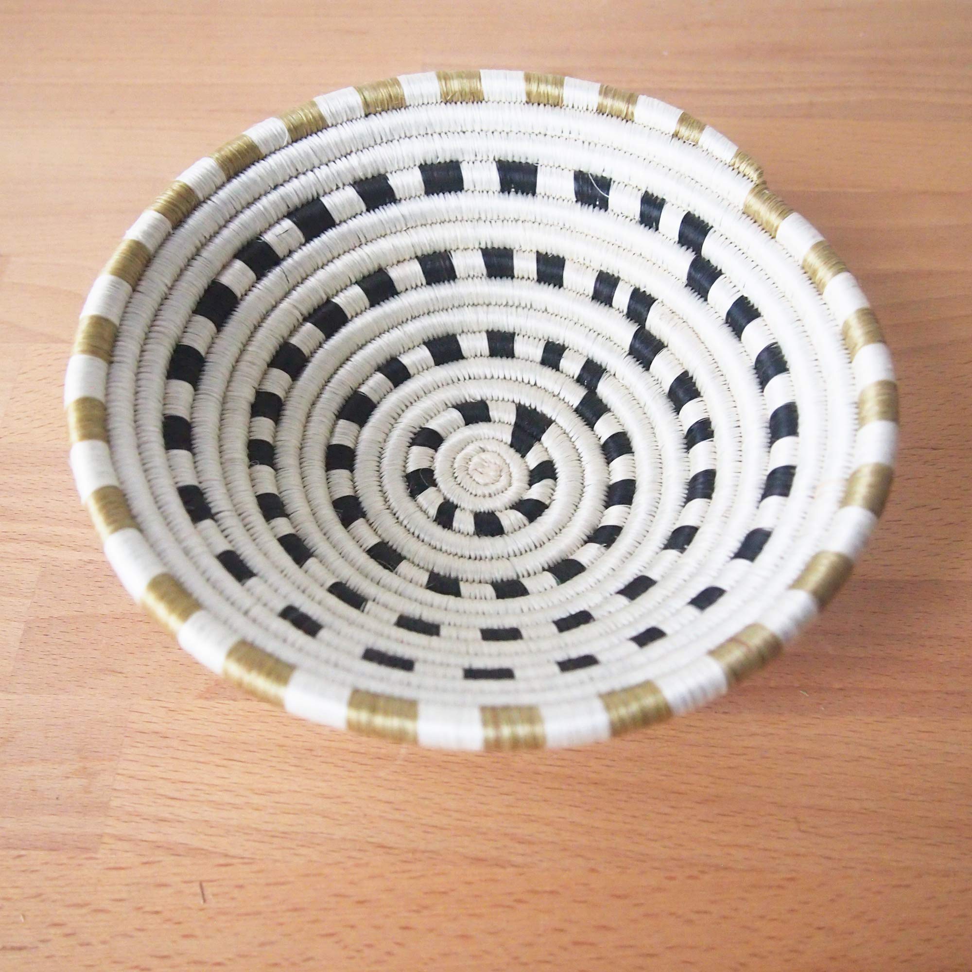 Small African Basket: Gatonde/Rwanda Basket/Woven Bowl/Sisal & Sweetgrass Basket/White, Black, Gold