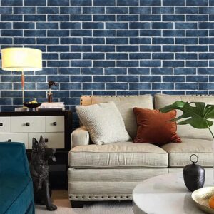 HeloHo 17.7" X 118" Blue Brick Wallpaper Peel and Stick Wallpaper Self-Adhesive Removable Wallpaper Brick 3D Textured Wallpaper for Kitchen Backsplash Living Room Bedroom Decor