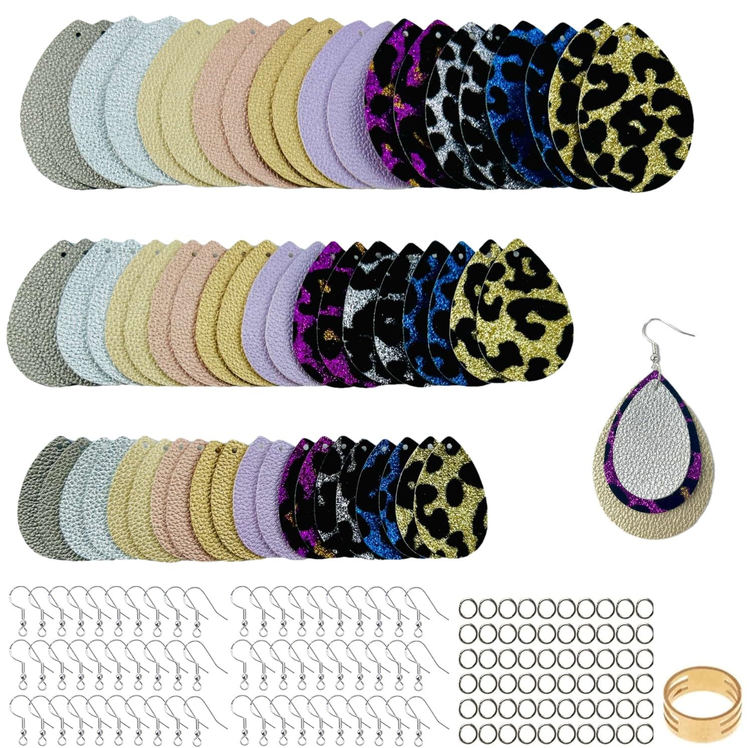 AOUXSEEM 181 Pcs Faux Leather Earrings DIY Making Kit, Contains 60 Pre Cut Metallic Vinyl and Leopard Printed Fabric Earring Pieces,60 Earring Hooks 60 Jump Rings 1 Jump Ring Opener