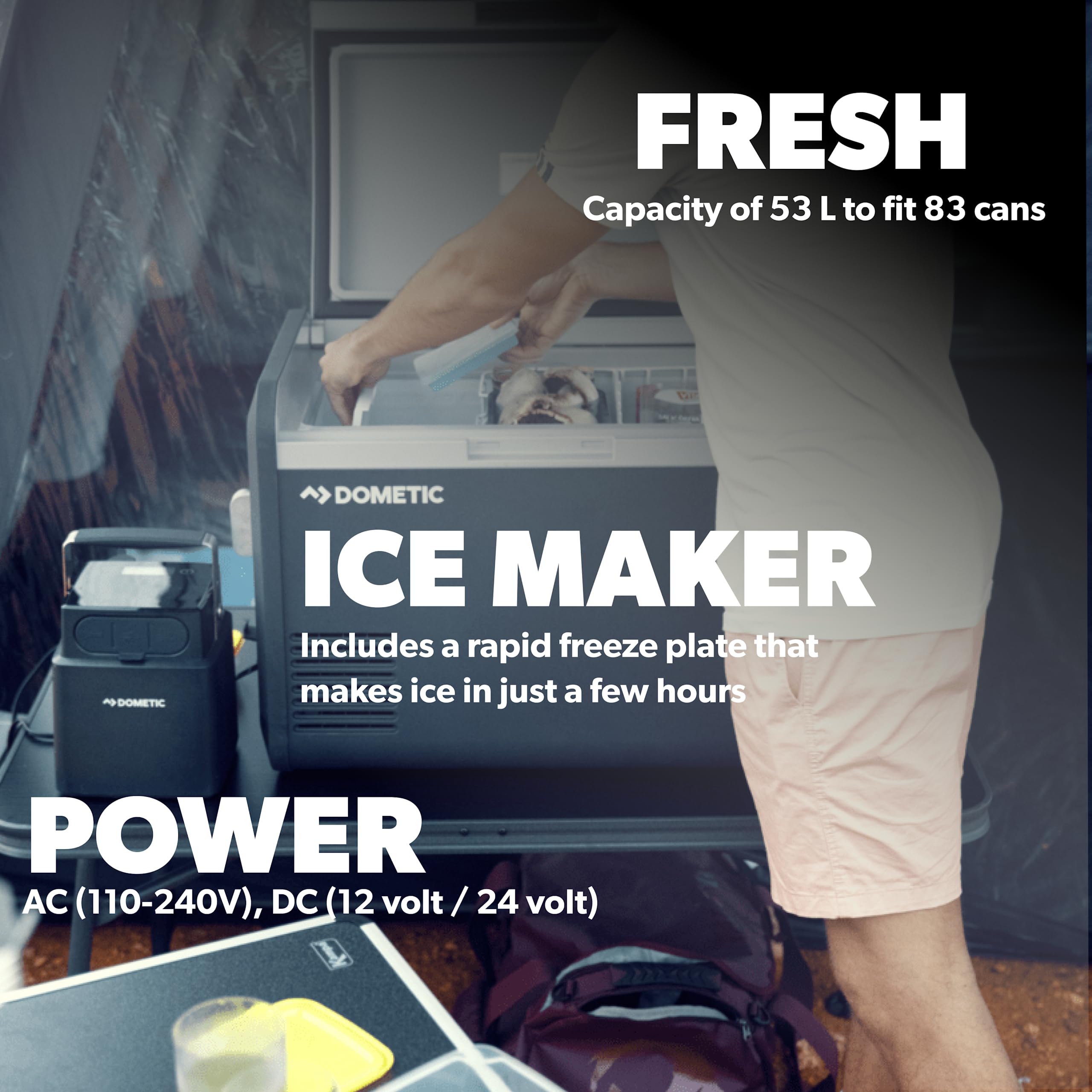 Dometic CFX3 55-Liter Portable Refrigerator and Freezer with ICE Maker, Powered by AC/DC or Solar