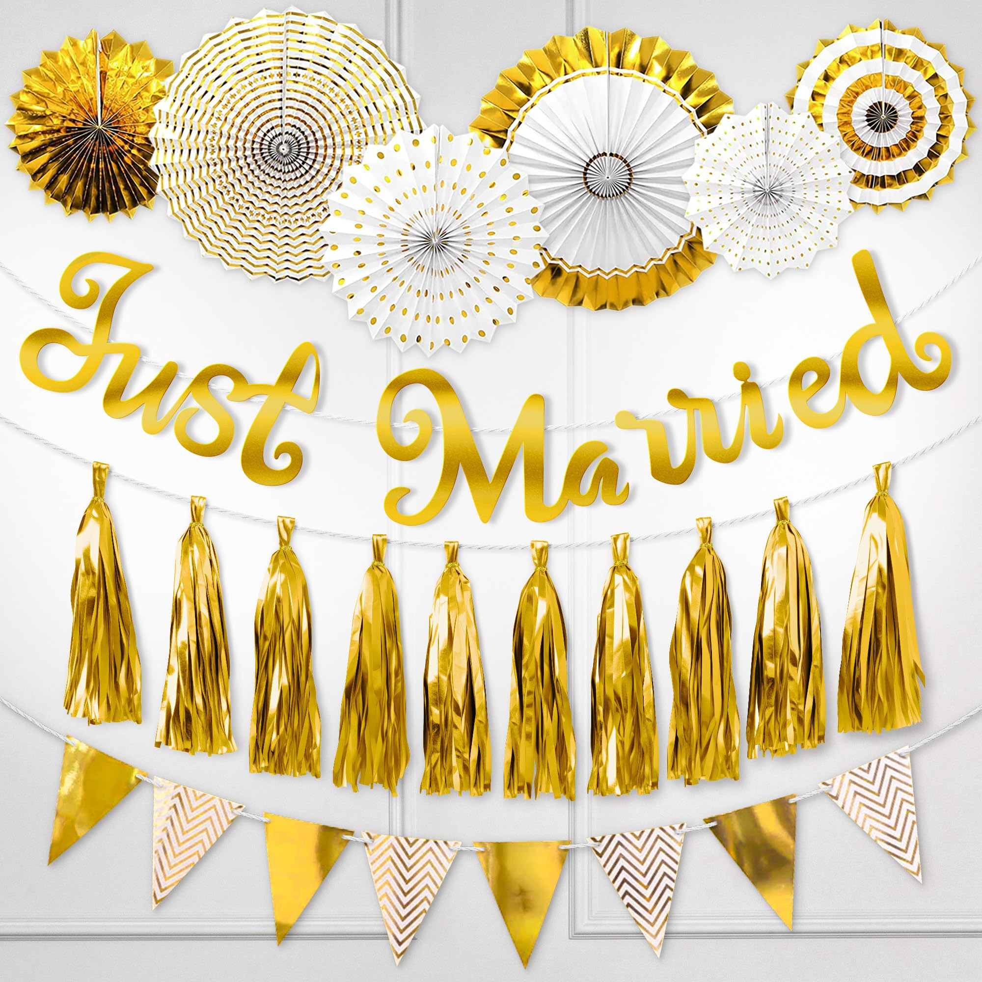 Wedding Decorations Set (Gold), Bridal Shower Decoration w/ Just Married Banner, Party Bunting Banner, 10 Tassels Garland & 6 Paper Fans, Wedding Reception Party Supplies by Pixipy