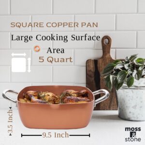 Moss & Stone 5 Pcs Copper Chef Cookware Set, 9.5” Non Stick Deep Frying Pan, Fry Basket, Steamer Rack, Dishwasher & Oven Safe, 5 Quart Deep Square Pan, Induction Copper Cookware Set - 9.5"x3.5"