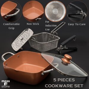 Moss & Stone 5 Pcs Copper Chef Cookware Set, 9.5” Non Stick Deep Frying Pan, Fry Basket, Steamer Rack, Dishwasher & Oven Safe, 5 Quart Deep Square Pan, Induction Copper Cookware Set - 9.5"x3.5"