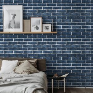 HeloHo 17.7" X 118" Blue Brick Wallpaper Peel and Stick Wallpaper Self-Adhesive Removable Wallpaper Brick 3D Textured Wallpaper for Kitchen Backsplash Living Room Bedroom Decor