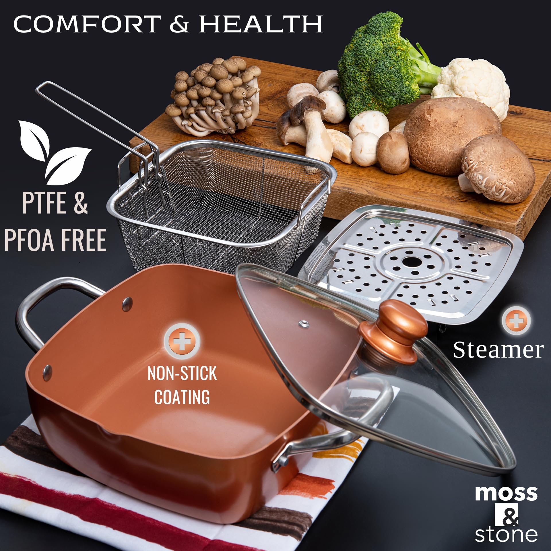 Moss & Stone 5 Pcs Copper Chef Cookware Set, 9.5” Non Stick Deep Frying Pan, Fry Basket, Steamer Rack, Dishwasher & Oven Safe, 5 Quart Deep Square Pan, Induction Copper Cookware Set - 9.5"x3.5"