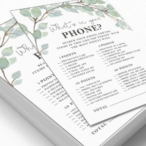 Inkdotpot 50-Pack Greenery Whats on Your Phone Bridal Shower Game Wedding Shower Bachelorette Party Bulk Activity Game Cards