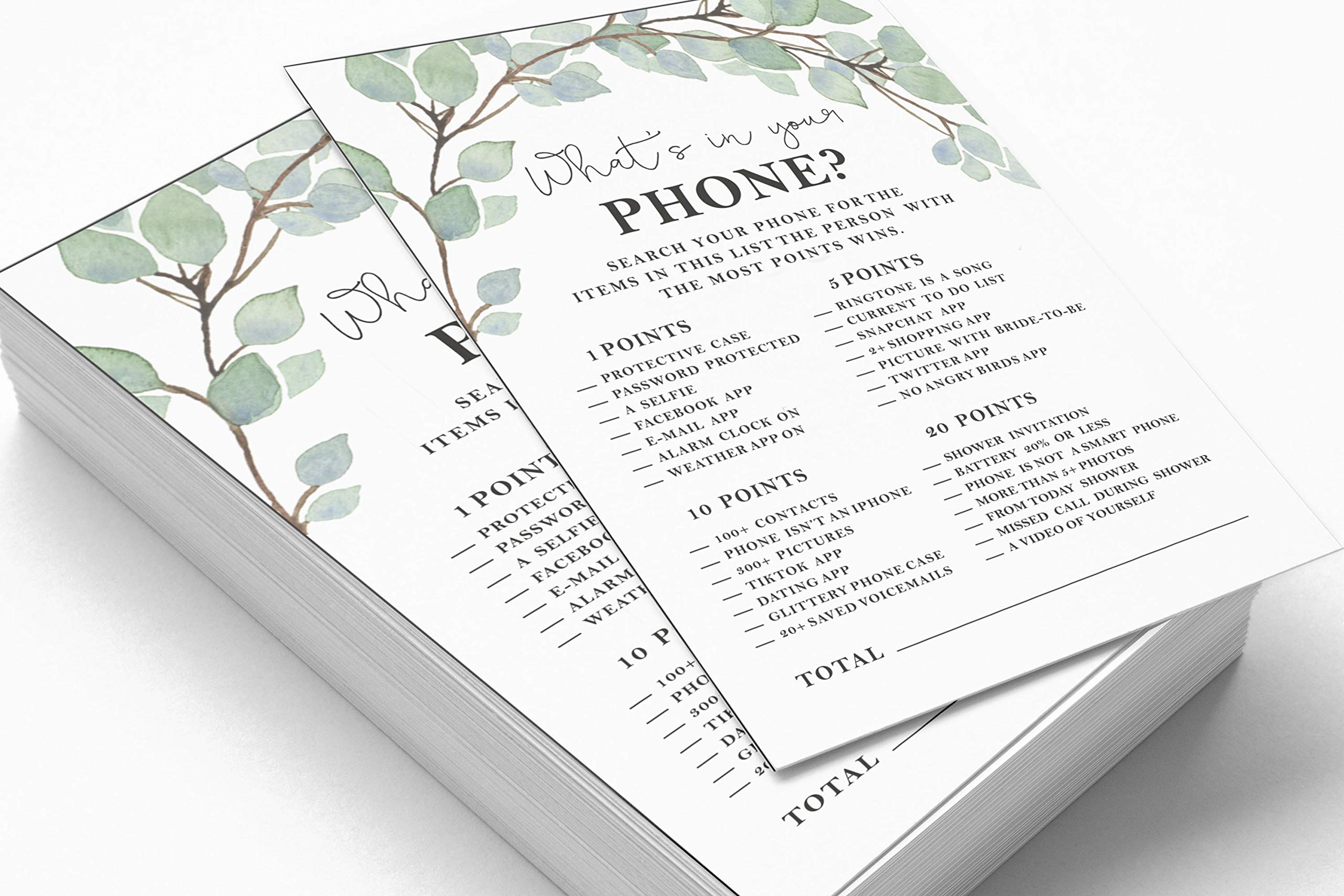 Inkdotpot 50-Pack Greenery Whats on Your Phone Bridal Shower Game Wedding Shower Bachelorette Party Bulk Activity Game Cards