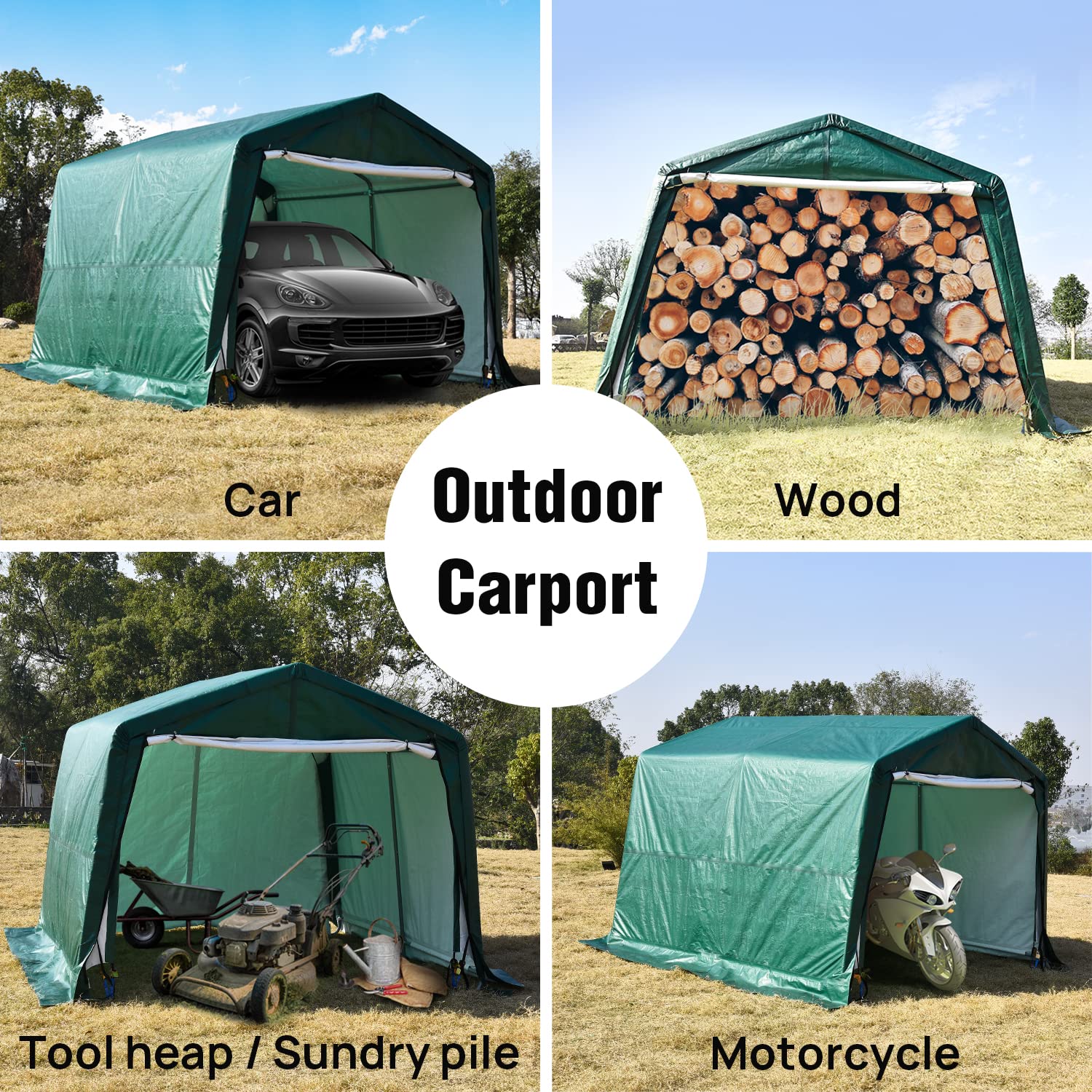 Wonline Carport Auto Shelter 10x10x8ft Portable Outdoor Car Garage Storage Shed Canopy for Cars Green