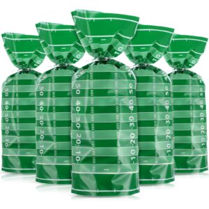 100 pieces football field plastic cellophane treat bags wide bottom heat sealable candy bags football gift bags with 100 pieces silver twist ties for football party favor, 11 x 5 x 3 inch