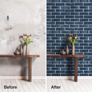 HeloHo 17.7" X 118" Blue Brick Wallpaper Peel and Stick Wallpaper Self-Adhesive Removable Wallpaper Brick 3D Textured Wallpaper for Kitchen Backsplash Living Room Bedroom Decor