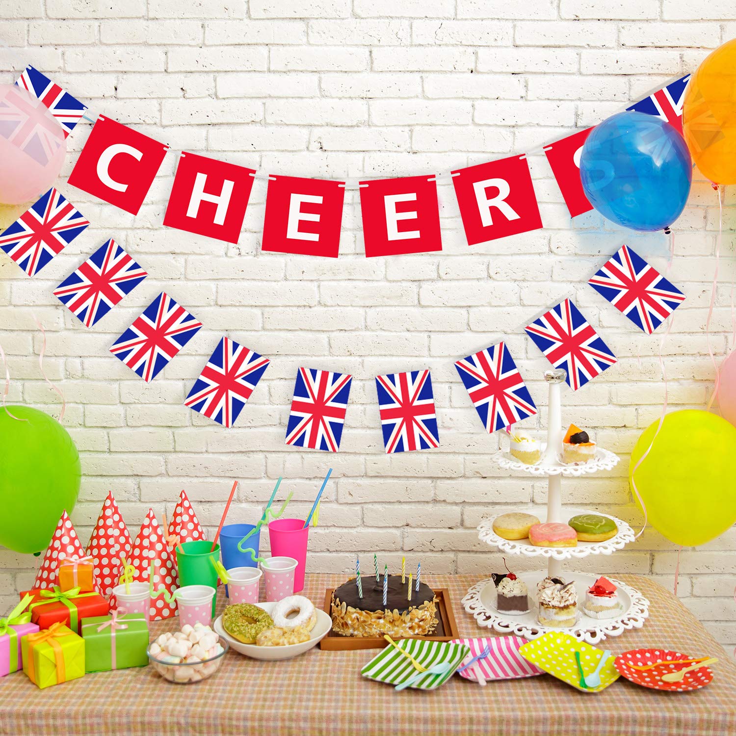 2 Pieces British Party Garland Cheers British Banner Garland UK Flag Pennant Banner for Hanging Coronation Union Jack Party Decoration