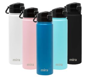 mira stainless steel water bottle - hydro vacuum insulated metal thermo flask keeps cold for 24 hours, hot for 12 hours - bpa-free one touch spout lid cap - 24 oz hawaiian blue