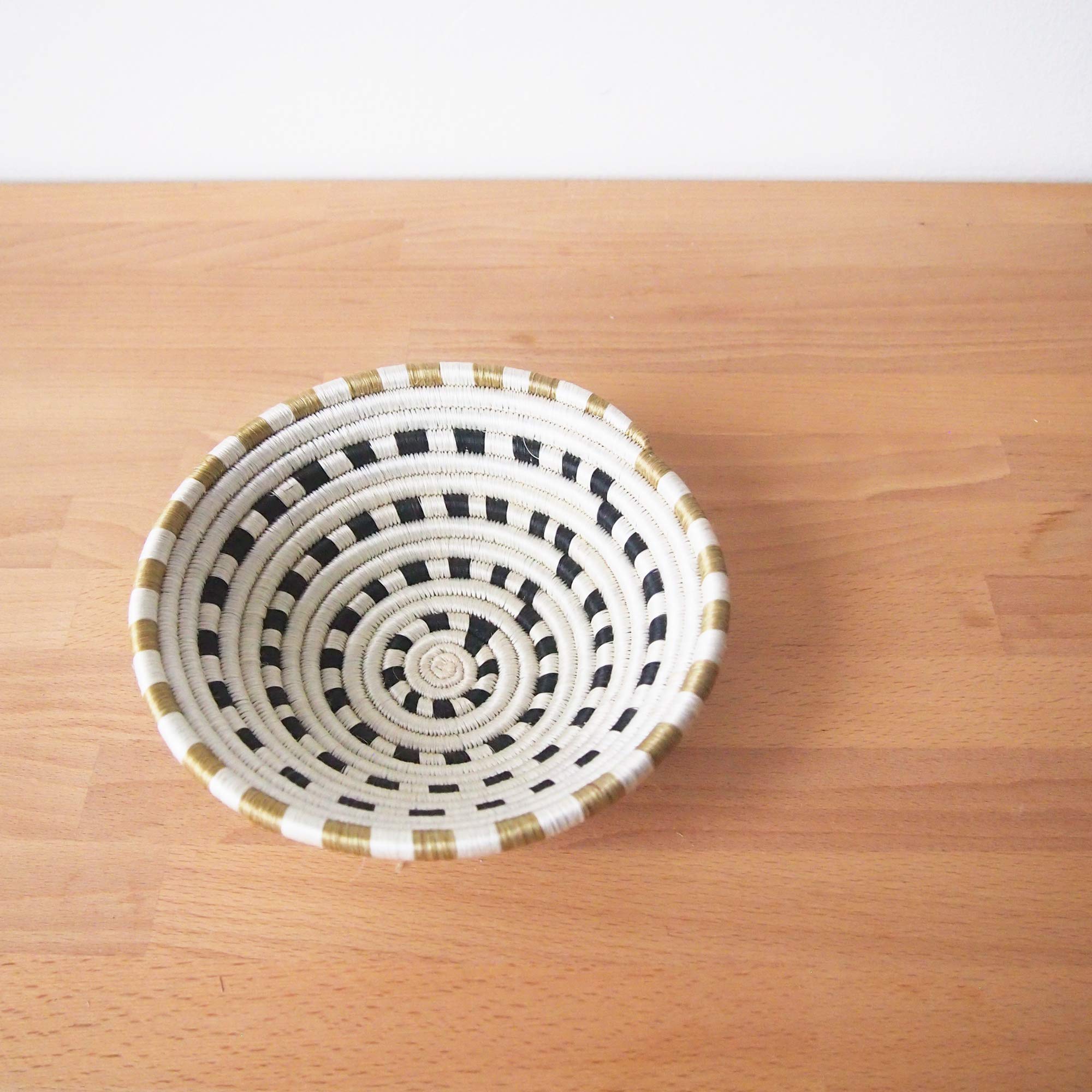 Small African Basket: Gatonde/Rwanda Basket/Woven Bowl/Sisal & Sweetgrass Basket/White, Black, Gold