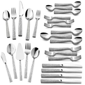 haware 65-piece hammered flatware serving set, stainless steel silverware cutlery set for home/hotel/restaurant, service for 12, elegant & classic design, dishwasher safe-square edge