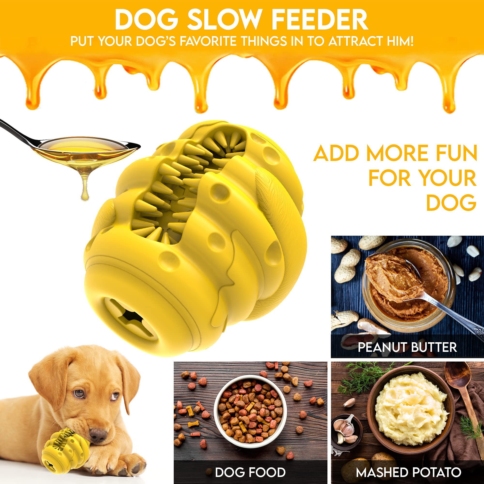 iPetzi Slow Feeder Dog Toys for Aggressive Chewers - Extra-Tough, Safe Rubber - Bite-Proof Slow Treat and Food Dispenser - Interactive Teeth Cleaning Toy - Honey Milk Flavor and Scent, Yellow Beehive