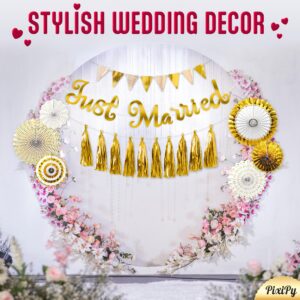 Wedding Decorations Set (Gold), Bridal Shower Decoration w/ Just Married Banner, Party Bunting Banner, 10 Tassels Garland & 6 Paper Fans, Wedding Reception Party Supplies by Pixipy