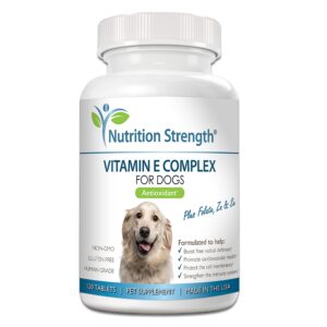 nutrition strength vitamin e for dogs, promote cardiovascular health, support cell membranes, vitamin e complex to boost dog immune system plus zinc, selenium, folate, salmon oil, 120 chewable tablets