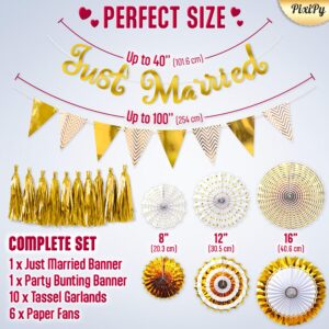 Wedding Decorations Set (Gold), Bridal Shower Decoration w/ Just Married Banner, Party Bunting Banner, 10 Tassels Garland & 6 Paper Fans, Wedding Reception Party Supplies by Pixipy