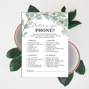 Inkdotpot 50-Pack Greenery Whats on Your Phone Bridal Shower Game Wedding Shower Bachelorette Party Bulk Activity Game Cards