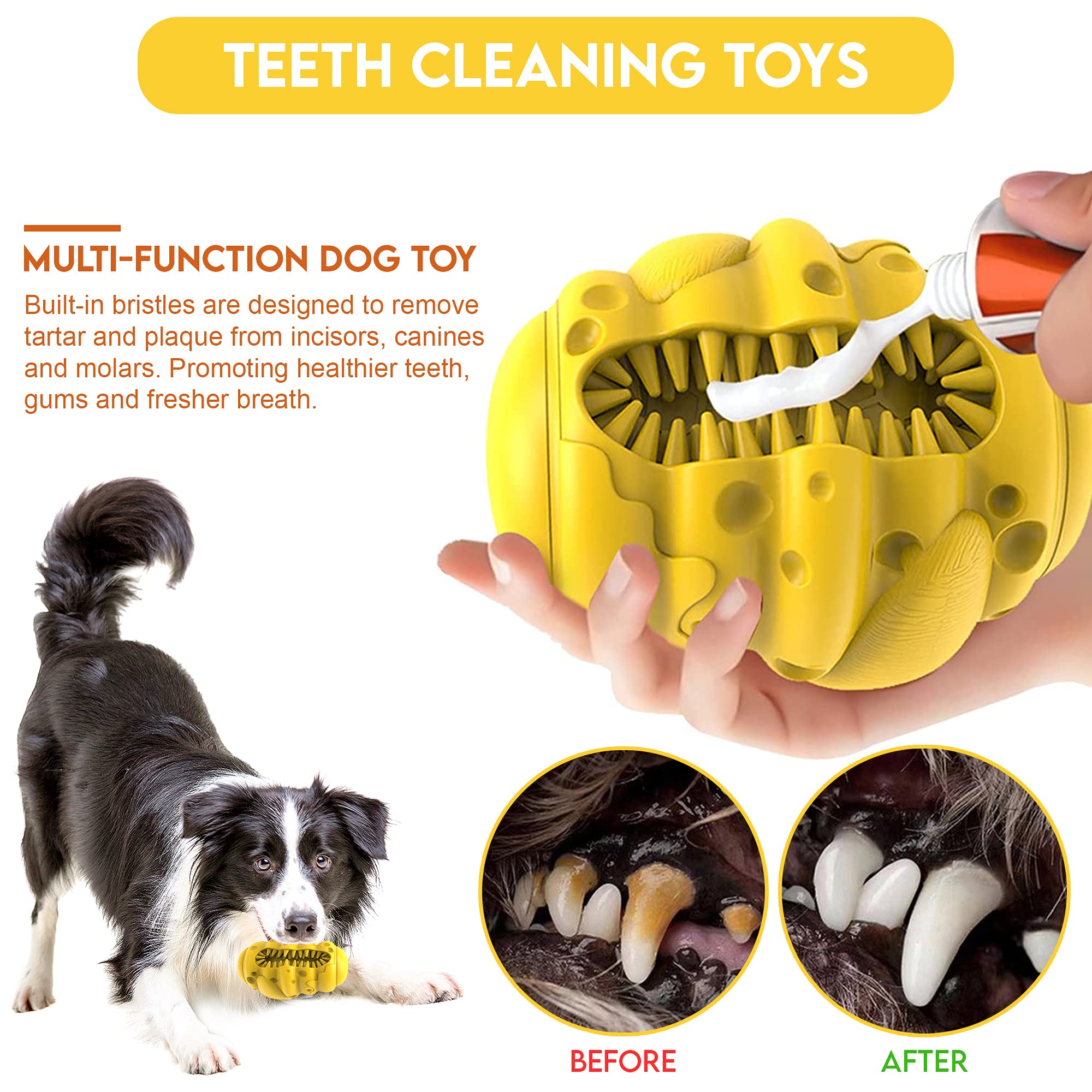 iPetzi Slow Feeder Dog Toys for Aggressive Chewers - Extra-Tough, Safe Rubber - Bite-Proof Slow Treat and Food Dispenser - Interactive Teeth Cleaning Toy - Honey Milk Flavor and Scent, Yellow Beehive