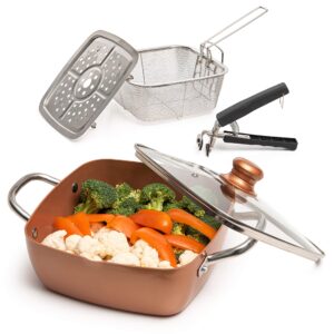 moss & stone 5 pcs copper chef cookware set, 9.5” non stick deep frying pan, fry basket, steamer rack, dishwasher & oven safe, 5 quart deep square pan, induction copper cookware set - 9.5"x3.5"