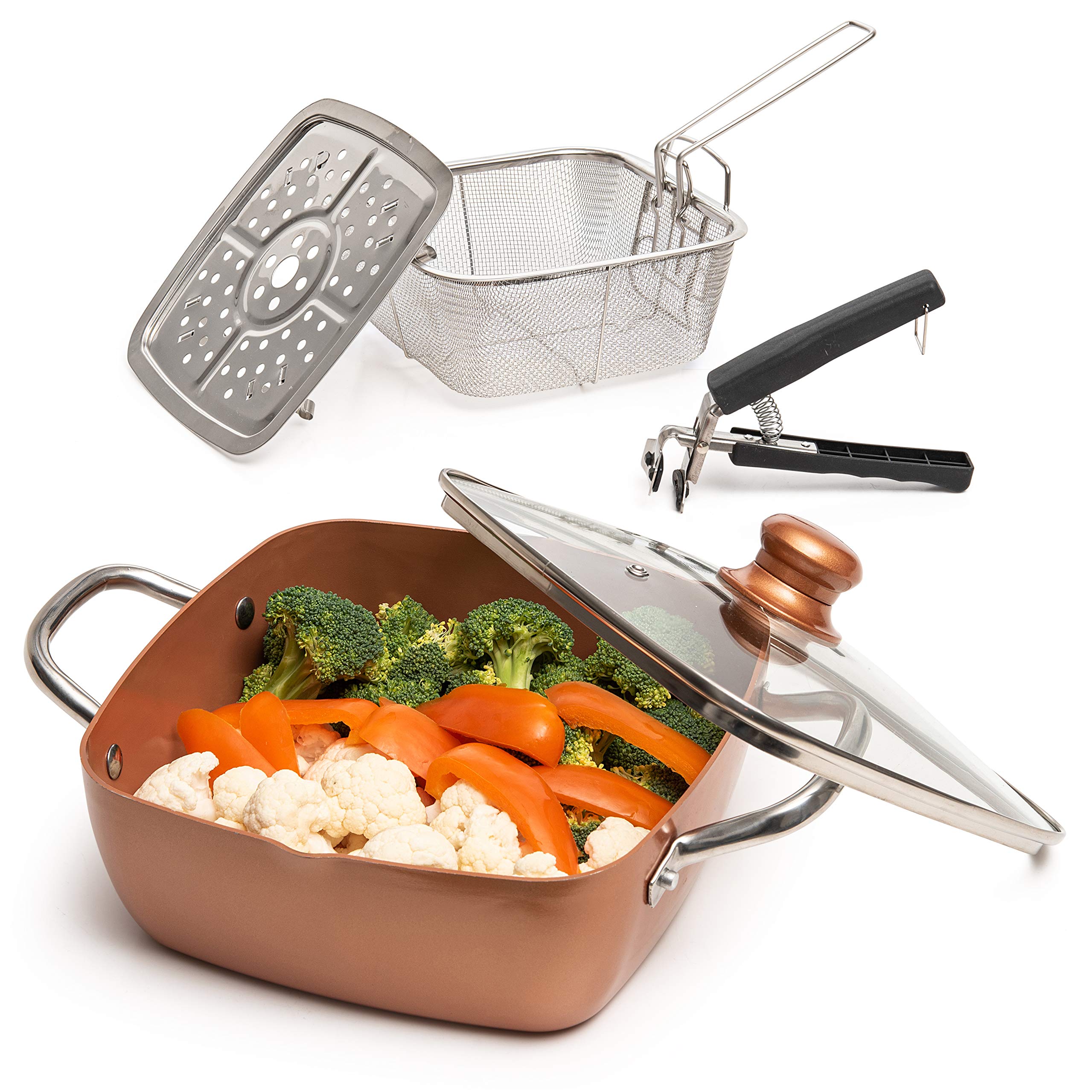 Moss & Stone 5 Pcs Copper Chef Cookware Set, 9.5” Non Stick Deep Frying Pan, Fry Basket, Steamer Rack, Dishwasher & Oven Safe, 5 Quart Deep Square Pan, Induction Copper Cookware Set - 9.5"x3.5"