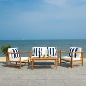 SAFAVIEH Outdoor Collection Montez Natural/ White Cushions/ Striped Pillows 4-Piece Conversation Patio Set