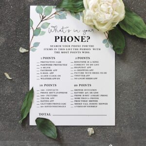 Inkdotpot 50-Pack Greenery Whats on Your Phone Bridal Shower Game Wedding Shower Bachelorette Party Bulk Activity Game Cards