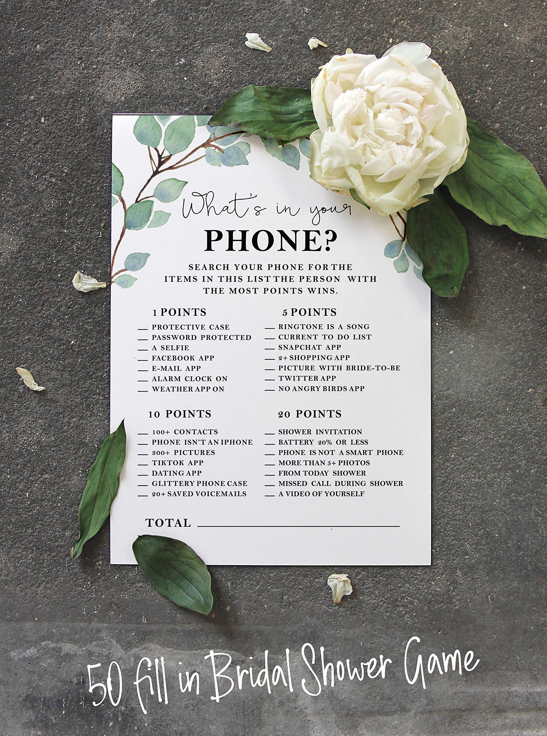 Inkdotpot 50-Pack Greenery Whats on Your Phone Bridal Shower Game Wedding Shower Bachelorette Party Bulk Activity Game Cards