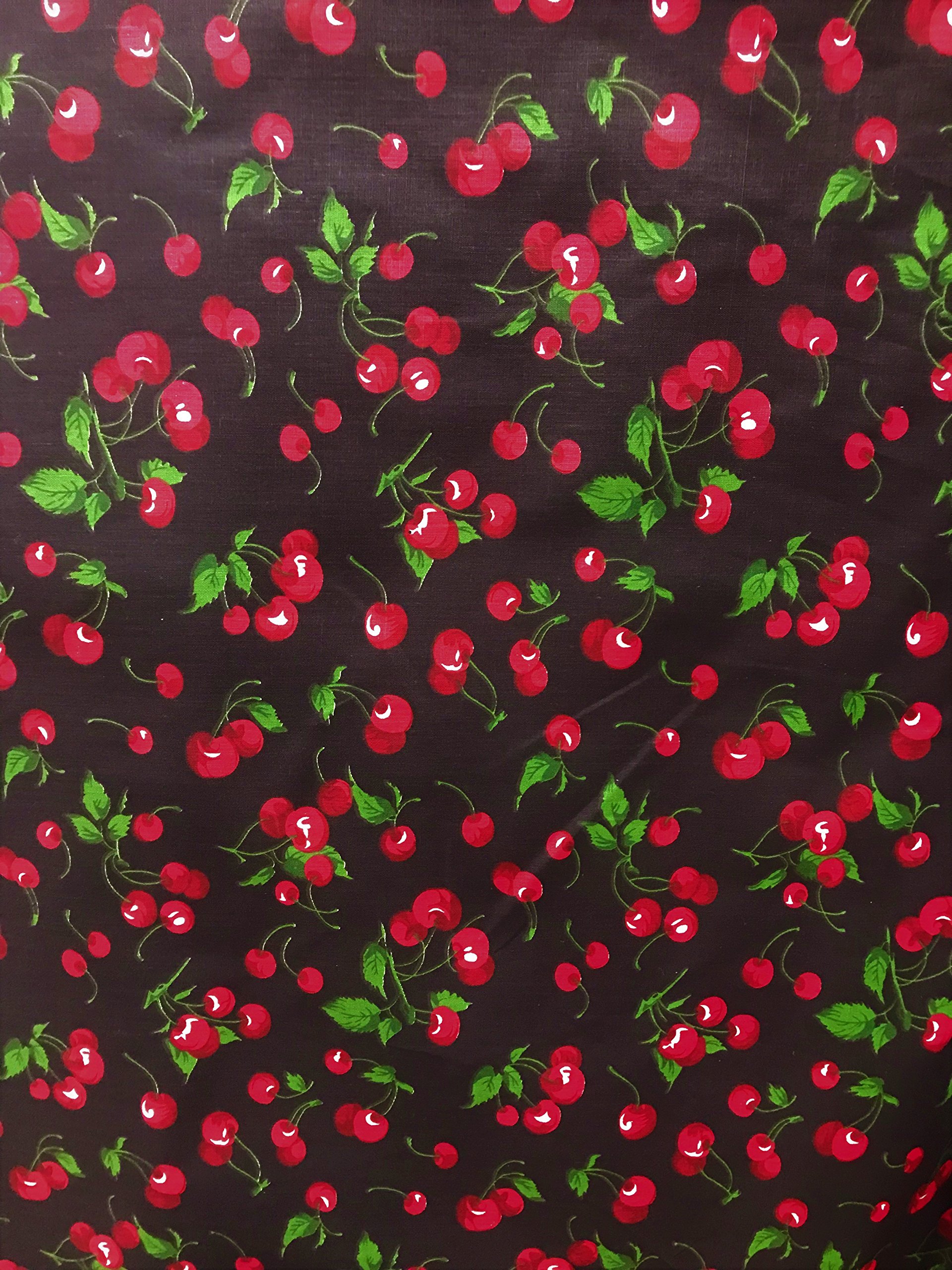 SAL TEX FABRICS, All Over Cherries Polyester Cotton Fabric Print, Sells by The Yard (Black/RED)