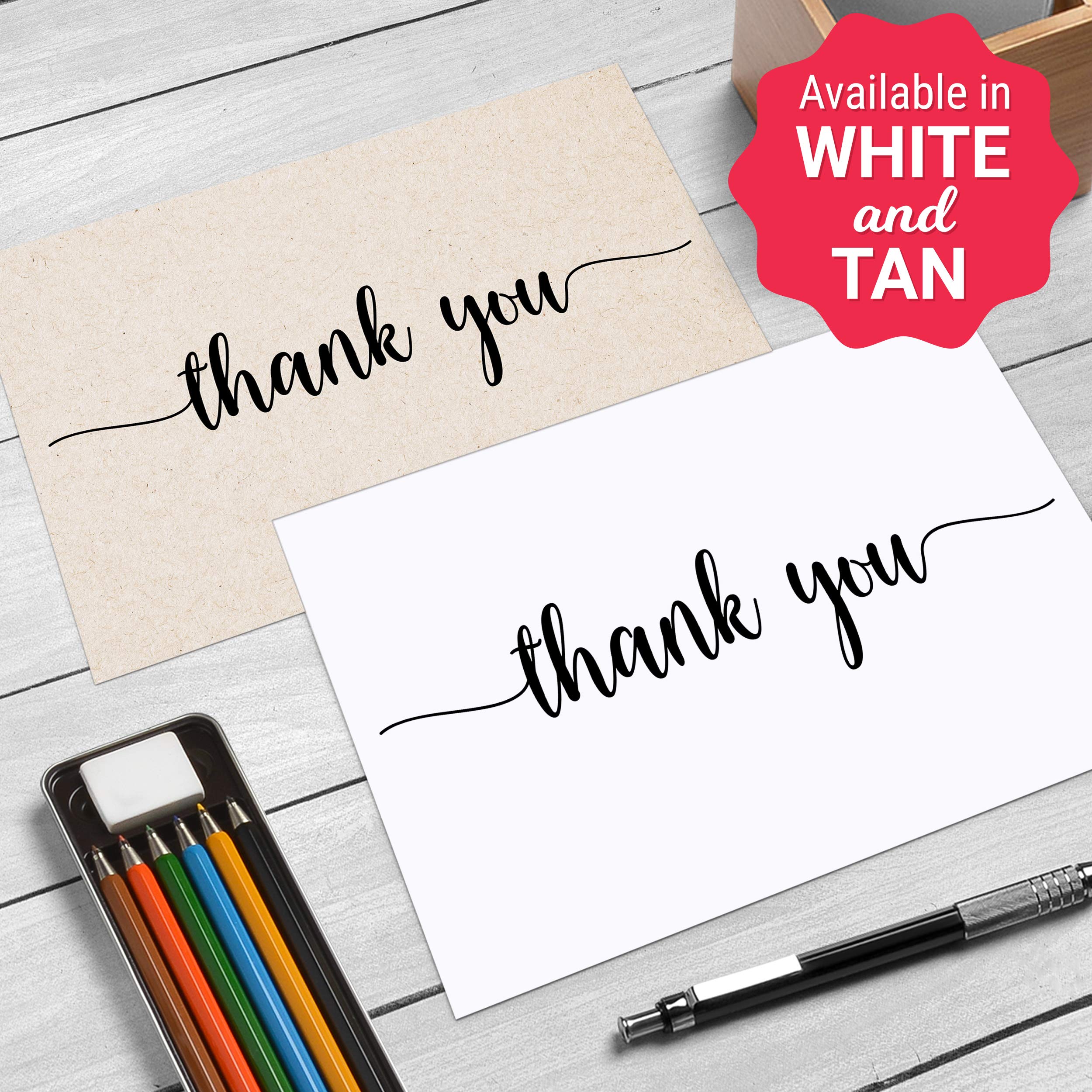 321Done Thank You Note Cards (Set of 50) 3" x 5" Blank on Back - Made in USA, Cute Modern Script Thick White Cardstock, Small