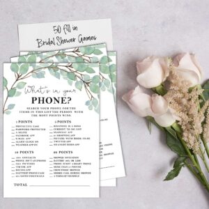 Inkdotpot 50-Pack Greenery Whats on Your Phone Bridal Shower Game Wedding Shower Bachelorette Party Bulk Activity Game Cards